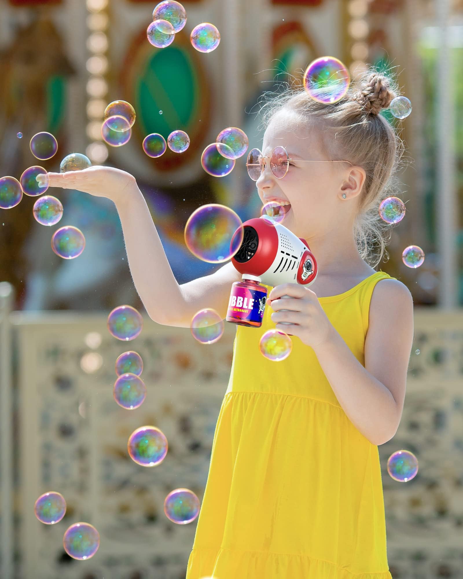 Minetom 2 Bubble Guns for Kids Toddlers with 2 Bottles Bubble Solution, 360-Degree Leak-Proof Design Bubble Blower for Party Favors, Summer Toy, Outdoors Activity