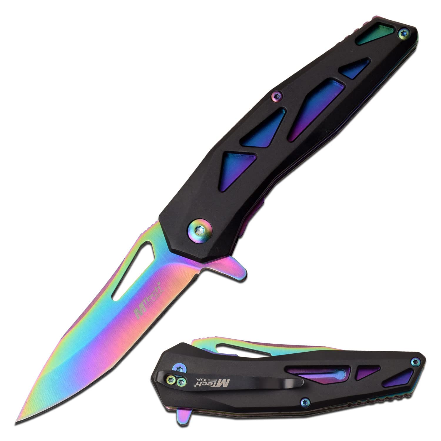 MTECH USA - Spring Assisted Folding Knife - Rainbow TiNite Stainless Steel Blade, Black Aluminum Handle w/Rainbow Stainless Steel Liner, Pocket Clip, Liner Lock - Hunting, Camping, EDC โ MT-A1141RB