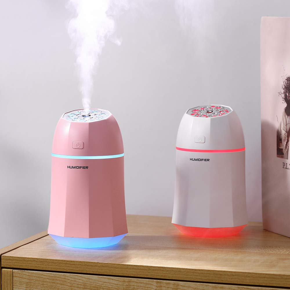 MIni Humidifier, 280ml Small Cool Mist USB Personal Ultrasonic Humidifiers with 7-Color Led Lights Changing For Bedroom Home Office Travel(White)