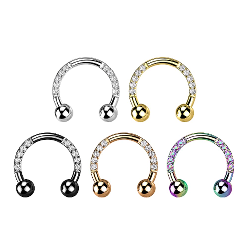 Pierced Owl 16GA G23 Implant Grade Titanium CZ Crystal Paved Sides Circular Horseshoe Barbell (Black/Clear)