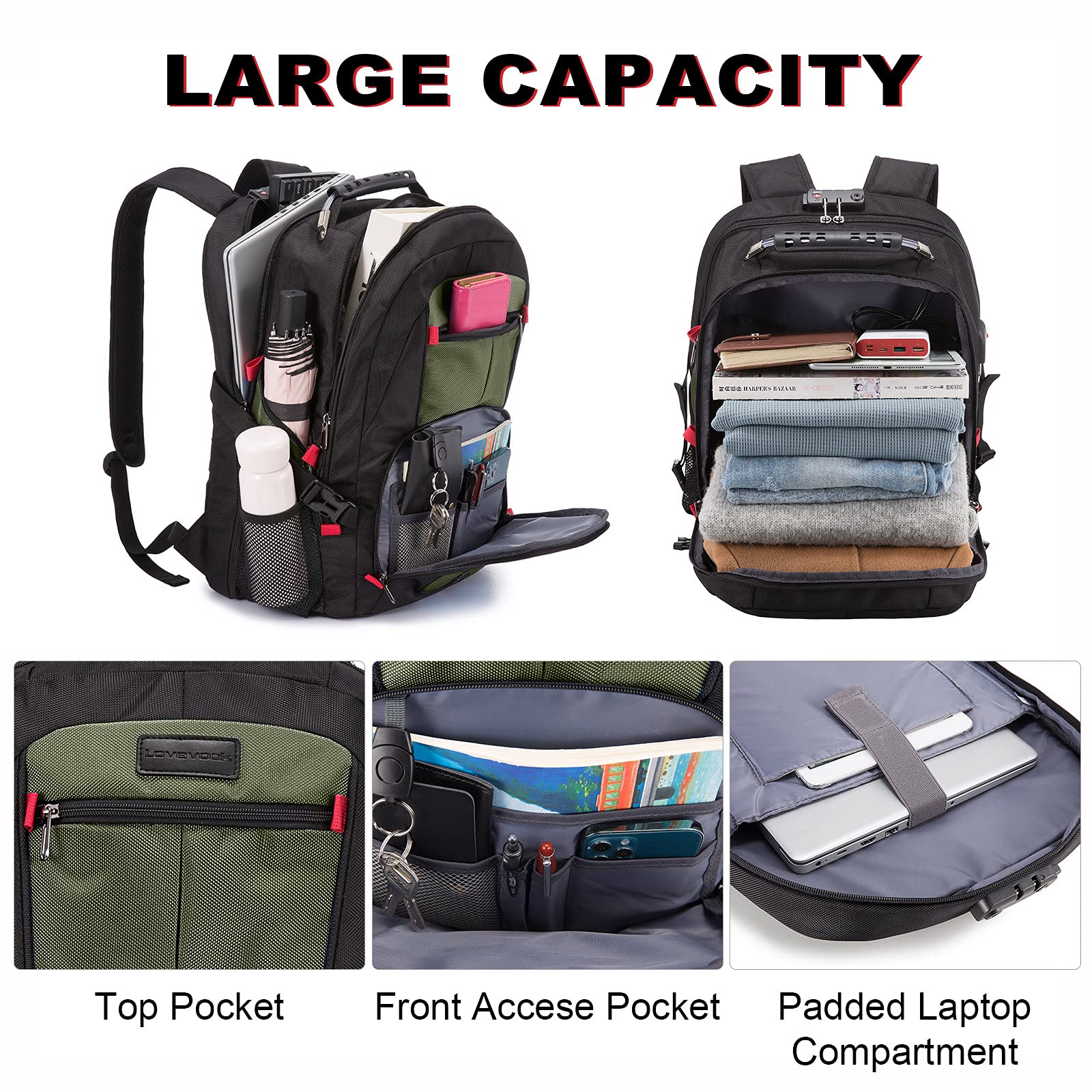 LOVEVOOK Travel Backpack for Men 17inch Large Work Backpack for Men Large Capacity Lockable Mochilas para Hombres Waterproof Computer Backpack for Work Business Travel (17 inch,Green)