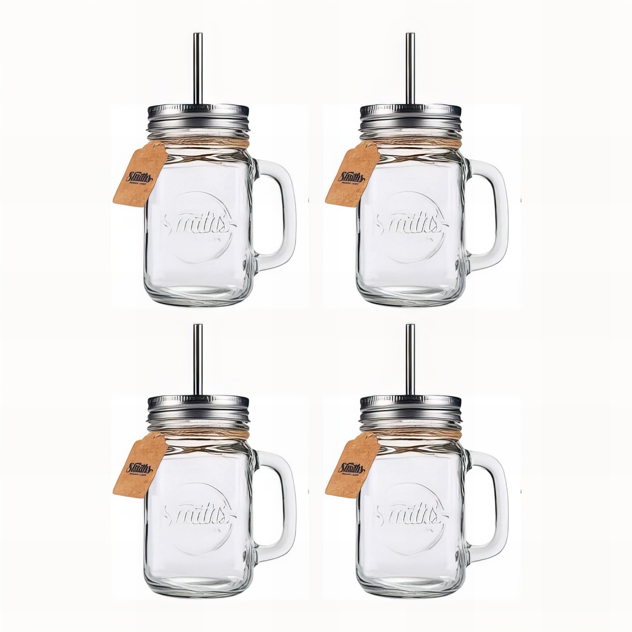 Smith's Mason Jars 16oz/473ml 4-pc Glass Cups with lid, straw and Handles - Smoothie glasses - Good for Milkshake, Juices, Ice Coffee Ideal for Picnics DIY Drinks and Outdoor Activity