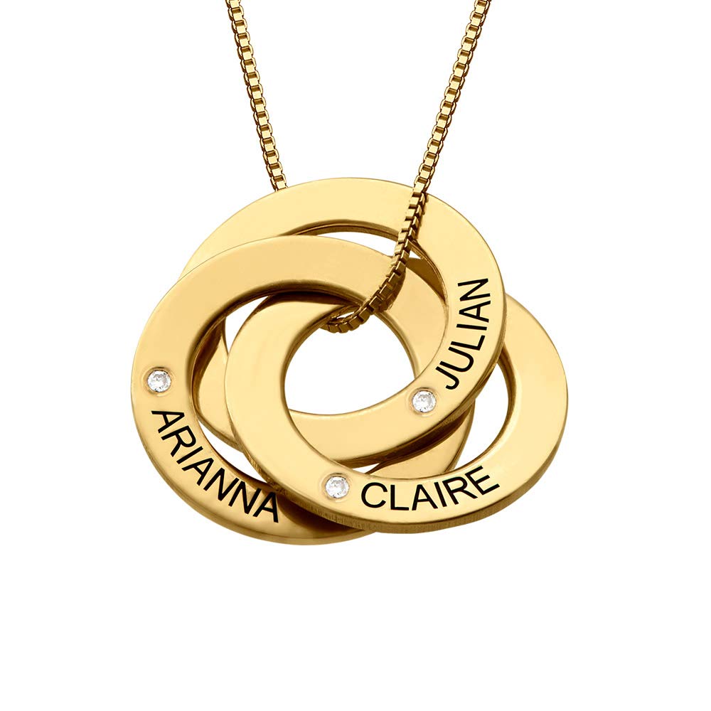 MYKA - Russian Ring Engraved Name Necklace with Diamonds Personalized 3 Circles Discs Inscription Customization Mother's Day Jewelry Gift⊠(18k Gold Plating)