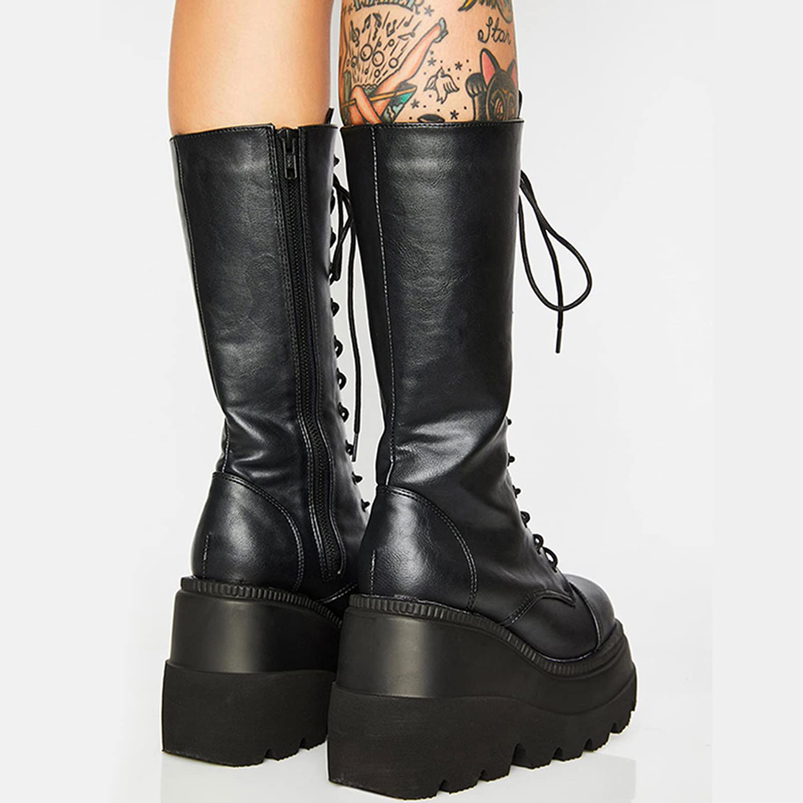 NOLDARES Platform Boots for Womens Goth Wedge High Heel Sexy Side Zipper Printed Motorcycle Combat Studded Knee High Boots, Z1 Black, 8