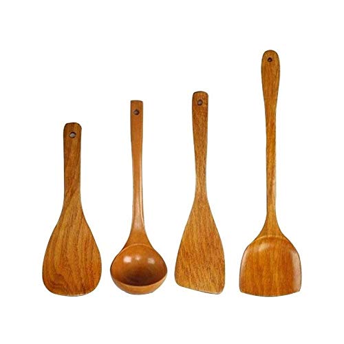 LMMDP Non-stick Dinnerware Cutlery Set Wooden Cookware Fork Spoon Knife Set Kitchenware with Long Handle Spatula Flat Shovel