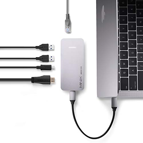 MINIX 480GB USB-C Multiport High-Speed SSD Storage Hub-Gigabit Ethernet,4K HDMI (60Hz), USB-C Pass-Through, USB 3.0-Compatible with macOS, iPadOS and Windows 10 OS. (NEO SG4, Space Gray)