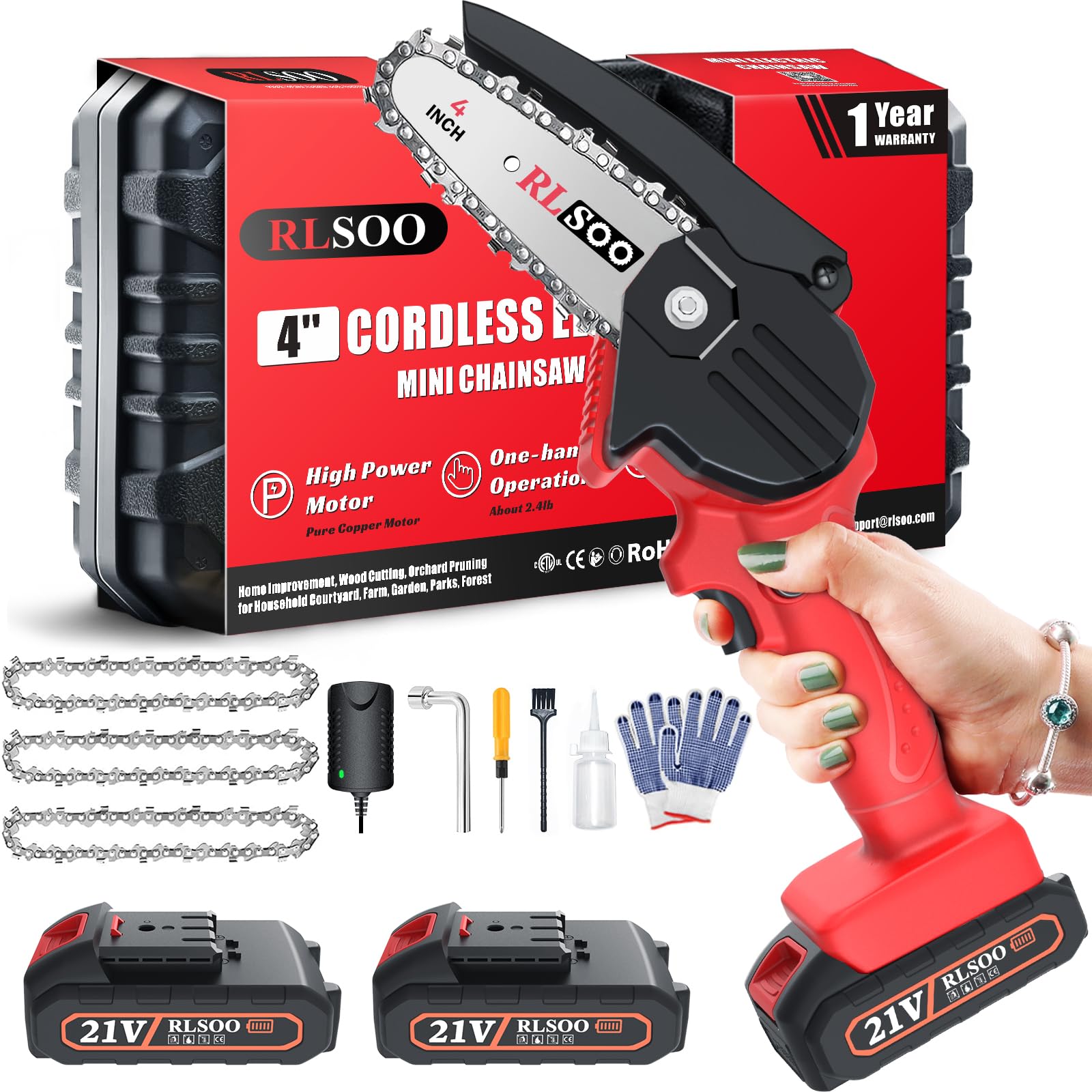 Mini Chainsaw, RLSOO Upgraded 6 Inch 24V Battery Powered Mini Chainsaw Cordless, Portable Electric Chainsaw with 2 Batteries and 2 Chains, Handheld Rechargeable Chainsaw for Wood Cutting Tree Pruning