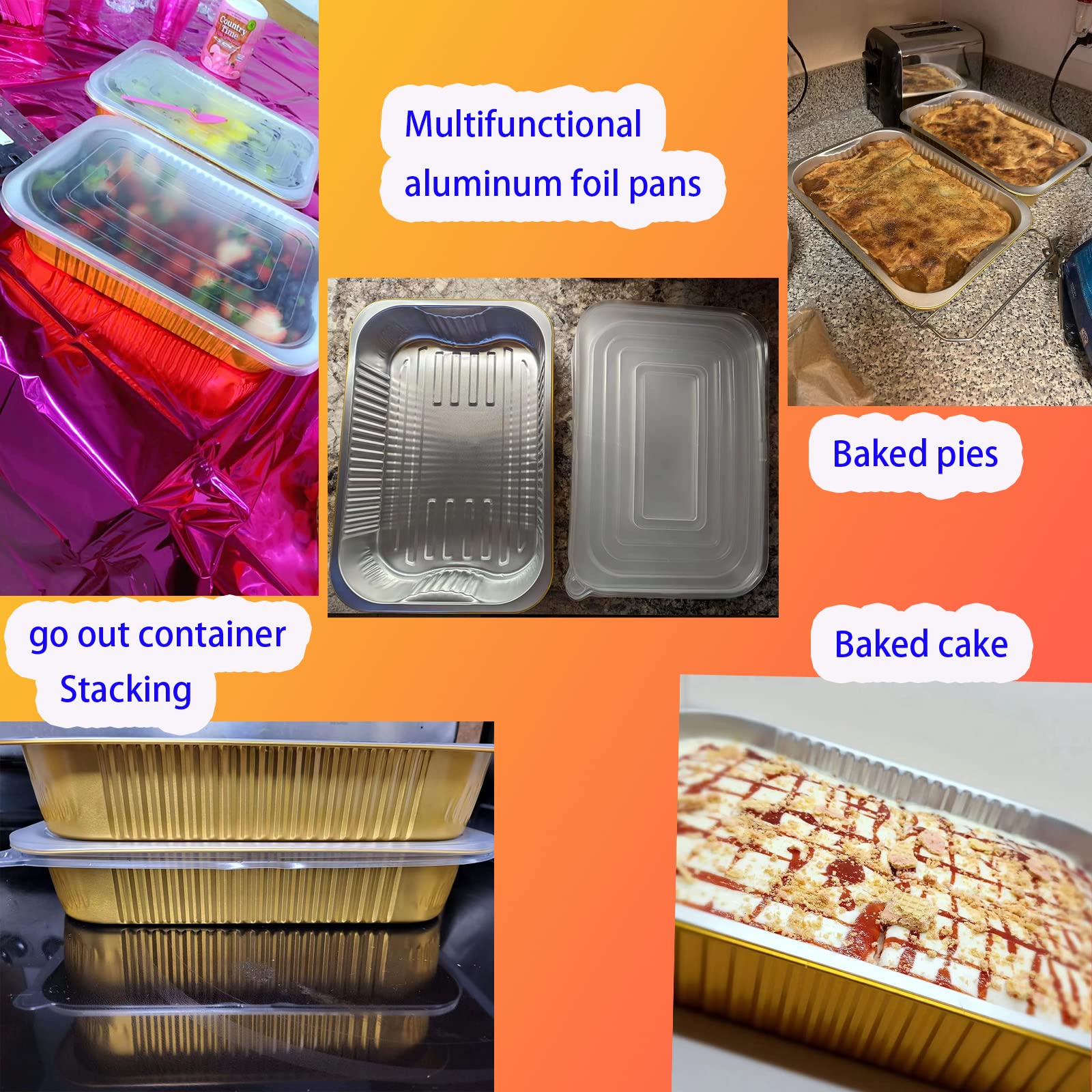 SuiXinCook Gold Aluminum Foil Baking Pan with lids Heavy Duty 9"×13"(10pack+10Lids), Double thickening, Disposable cake pans,Microwave oven safetyle. for Cooking,,Heating,Storage, BBQ