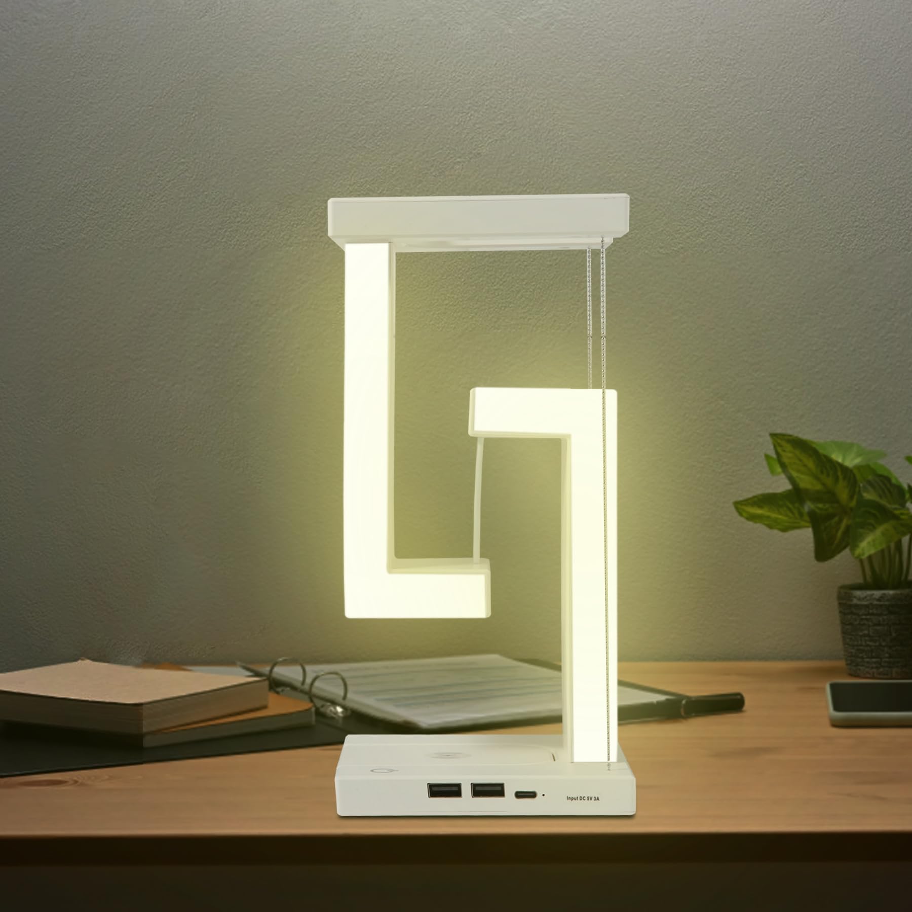Miness White Tensegrity Levitating LED Desk Lamp with 2 USB Ports and Portable Wireless Charging for Cell Phone