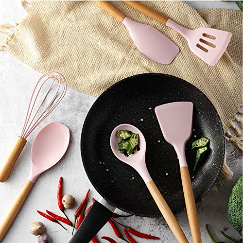 LMMDP Silicone Spatula Set Kitchen Utensils Non-stick Pan Special Leakage Cooking Spatula High Temperature Resistant Wooden Handle Baking Storage Bucket
