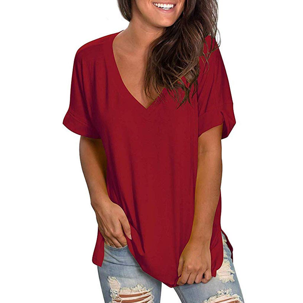 Muicook Women's V Neck T Shirt Rolled Sleeve Side Split Tunic Tops Summer Loose Casual Tops(Large,WineRed )