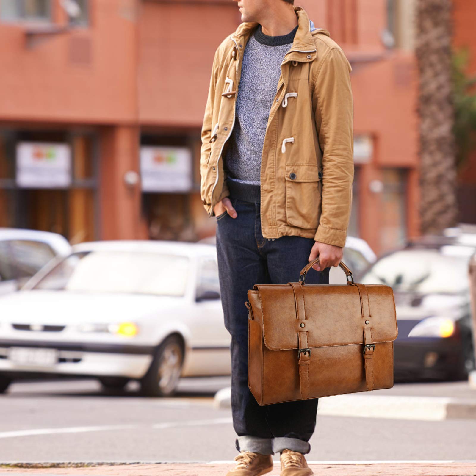 Leather Mens Messenger Bag Vintage 15.6 Inch Waterproof Leather Laptop Briefcase Large Satchel Shoulder Bag Retro Office College Computer Laptop Bag with Leather Padfolio, Brown