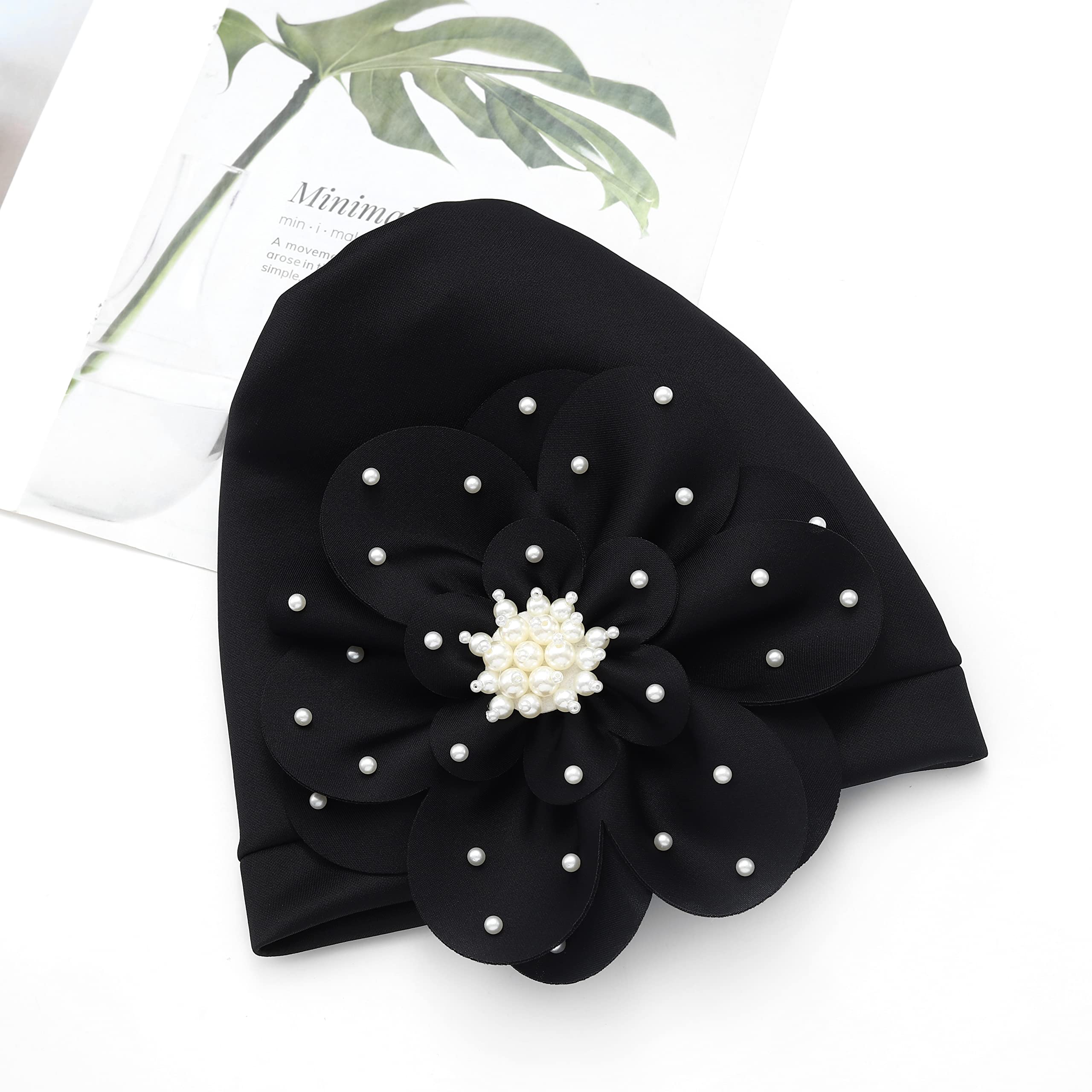 Urieo Pearl Head Wrap Hat African Beanie Headwrap Women Turban Flower Caps
