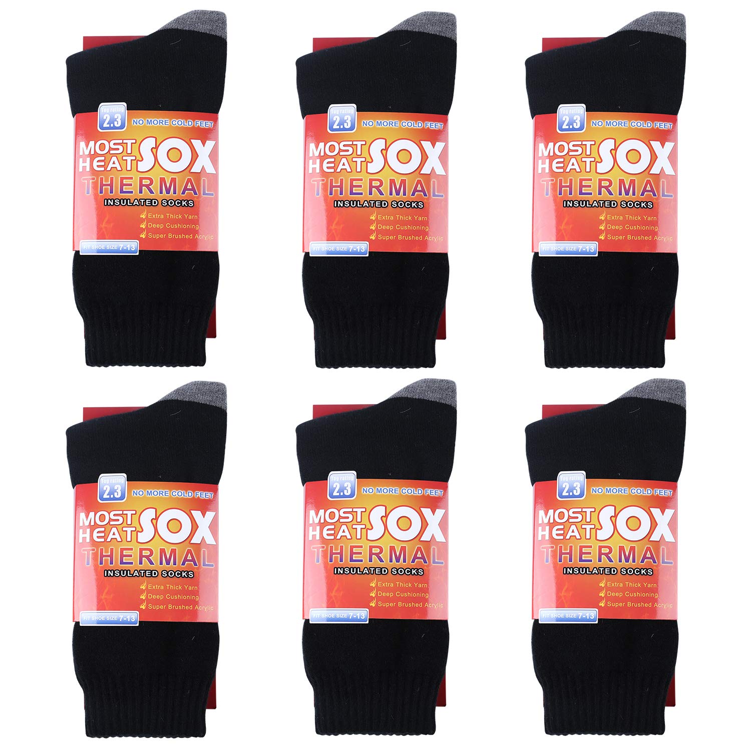 Loritta 6 Pack Thermal Socks, Mens Cold Weather Crew Sock,Black+gray
