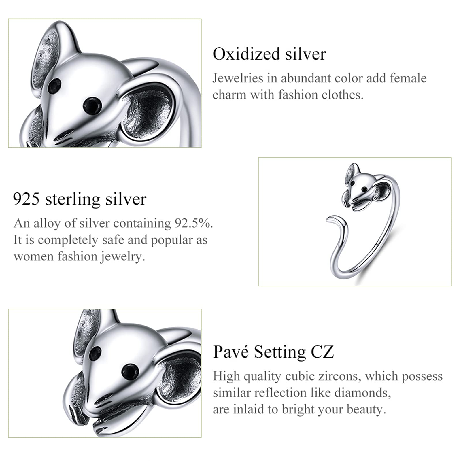 Qings Cute Mouse Ring 925 Sterling Silver Cubic Zirconia Open Ring, Adjustable Animal Wrap Ring Jewelry Gift for Women