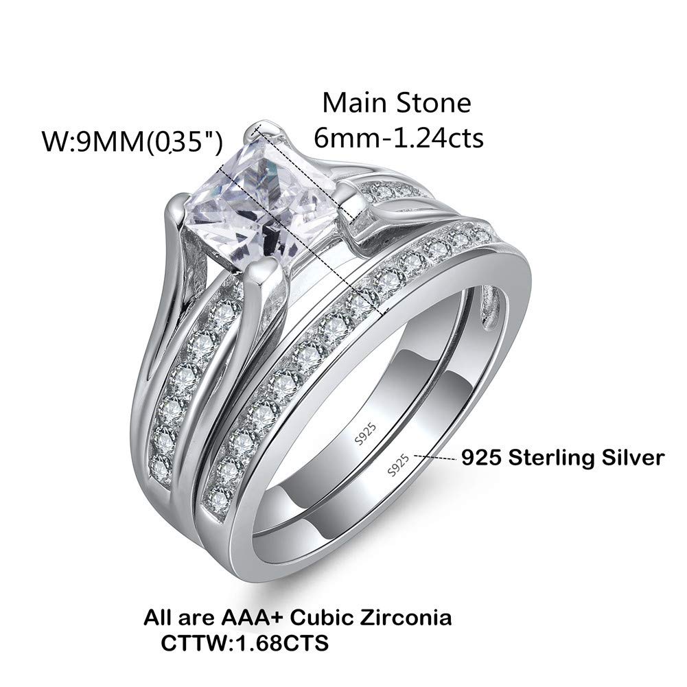 MABELLA 925 Sterling Silver Cubic Zirconia Princess Cut Women's Wedding Engagement Bridal Ring Set Size 9
