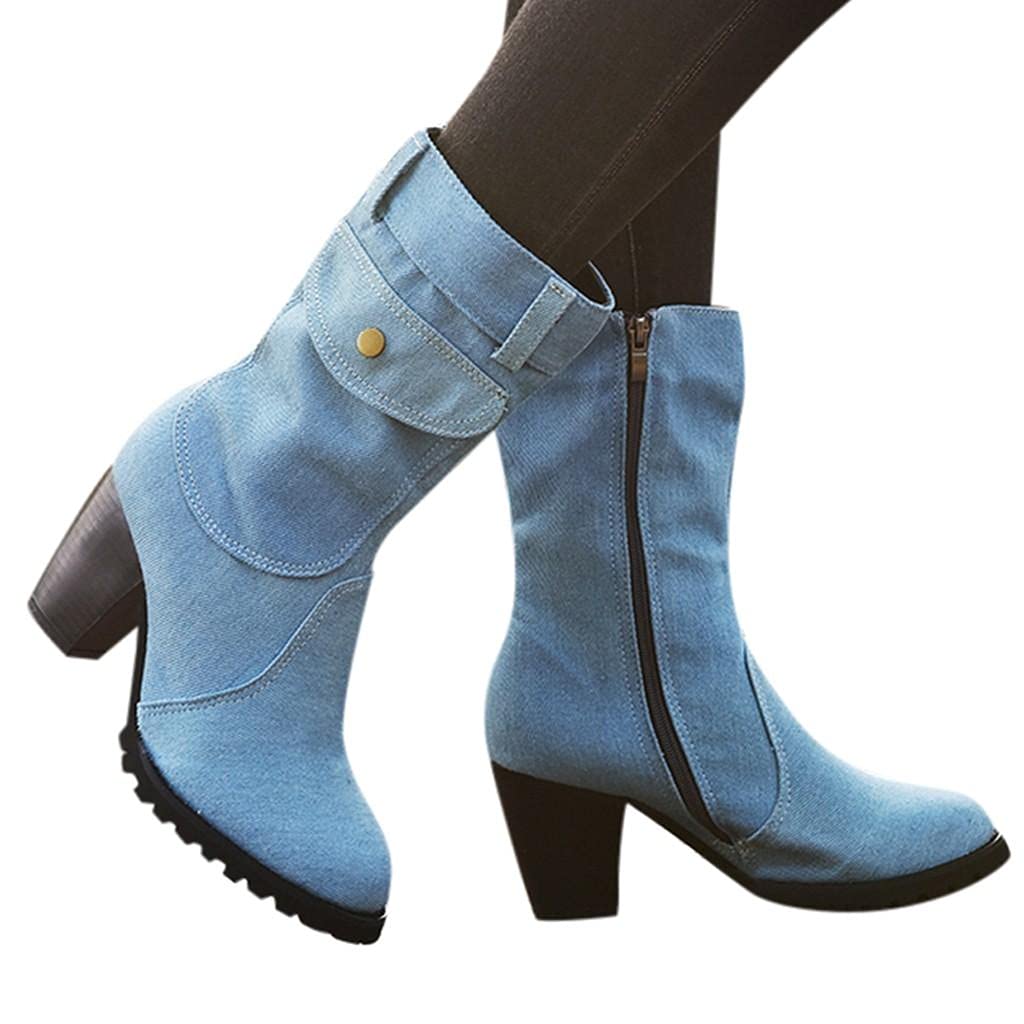 NOLDARES Women's Mid Calf Boots Pointed Toe Pull On Canvas Mid Heel Cowgirl Boots Women Chunky Heel Boots