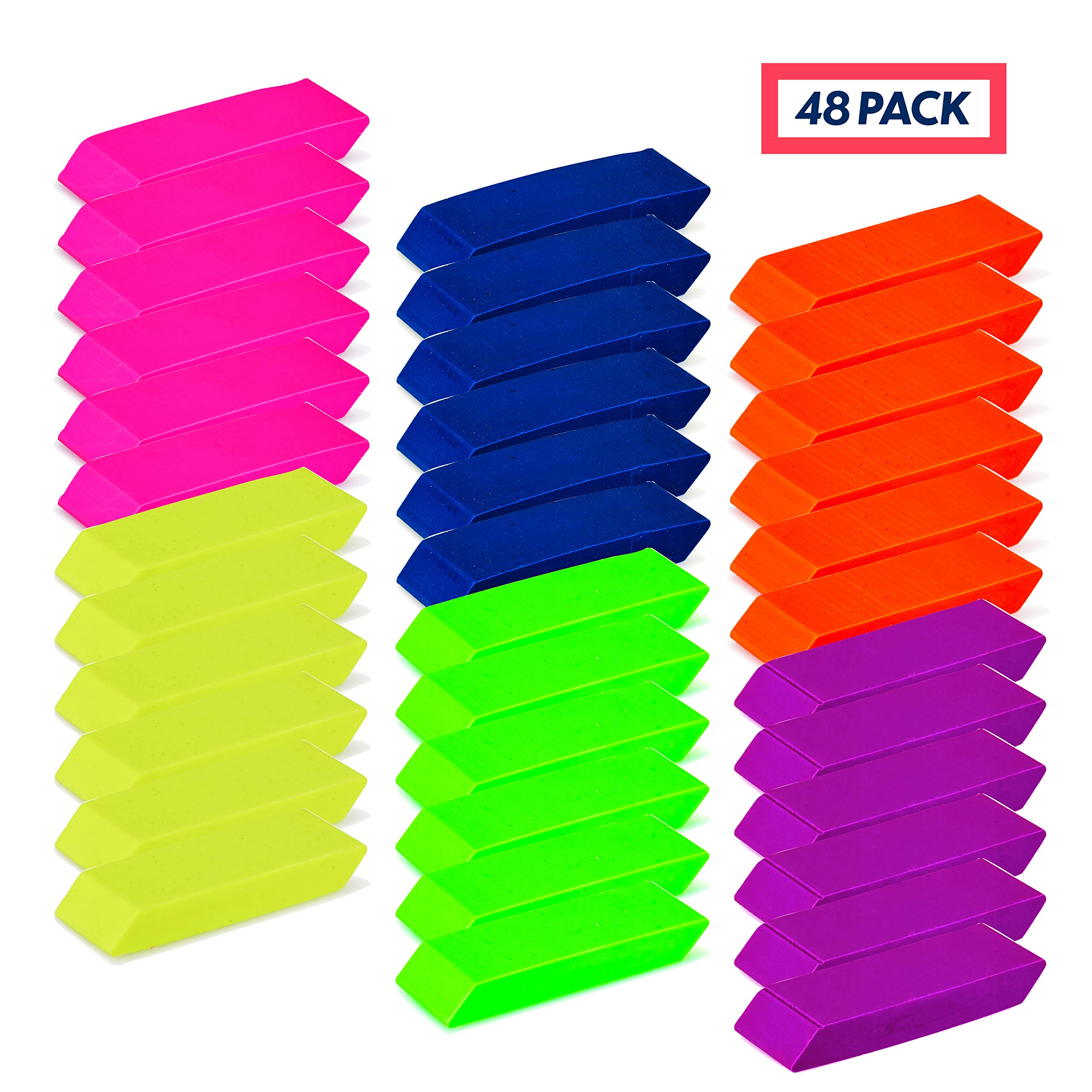 Neliblu Incredible Value Premium Pencils Erasers Bright Neon Chiseled Big Erasers - Pencils Bulk Erasers for Kids Pack of 48 Cool Erasers Pack for Kids
