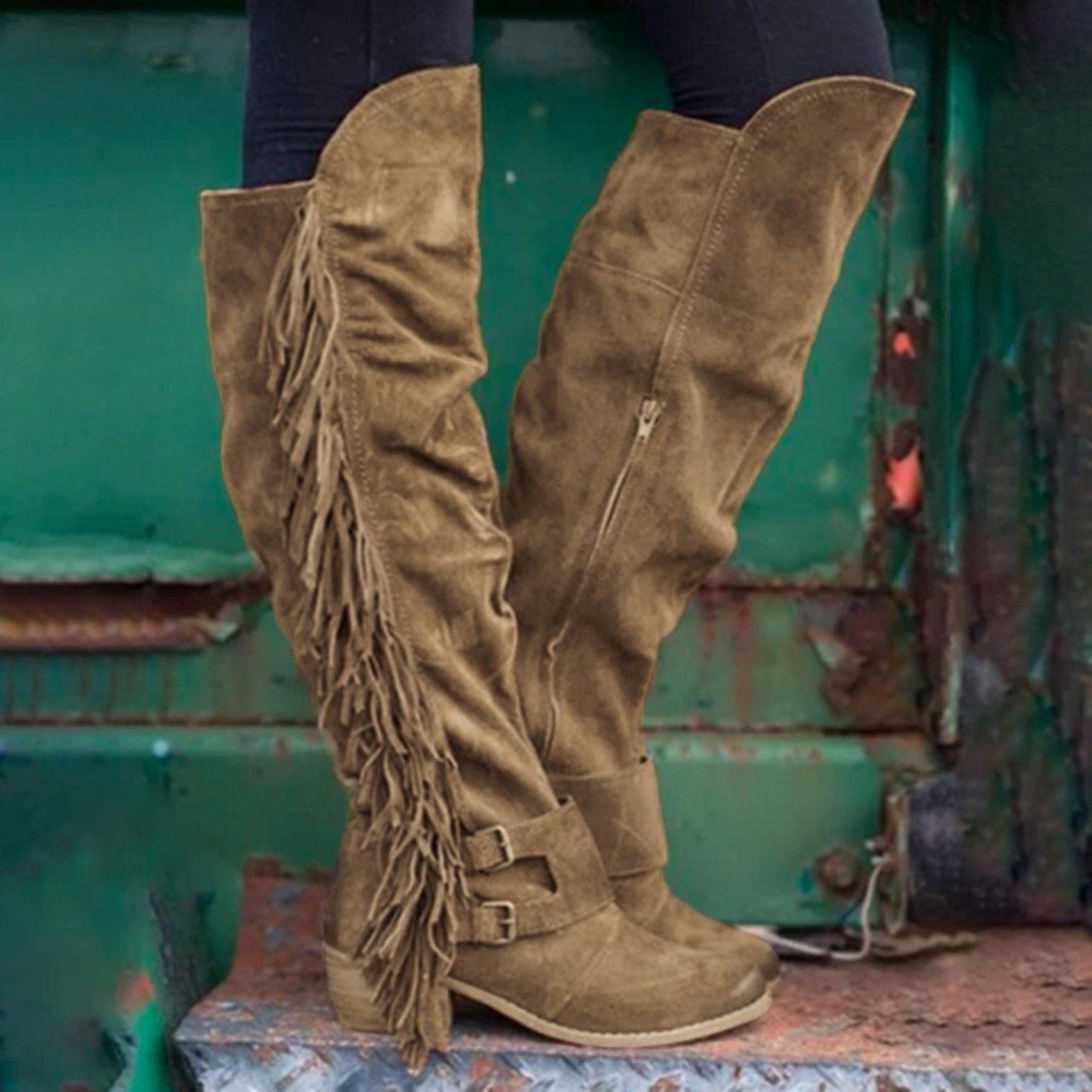 NOLDARES Womens Mid Calf Boots Chunky Heel Fringe Vintage Cowgirl Cowboy Western Knee High Boots Zipper Pointed Toe Boots
