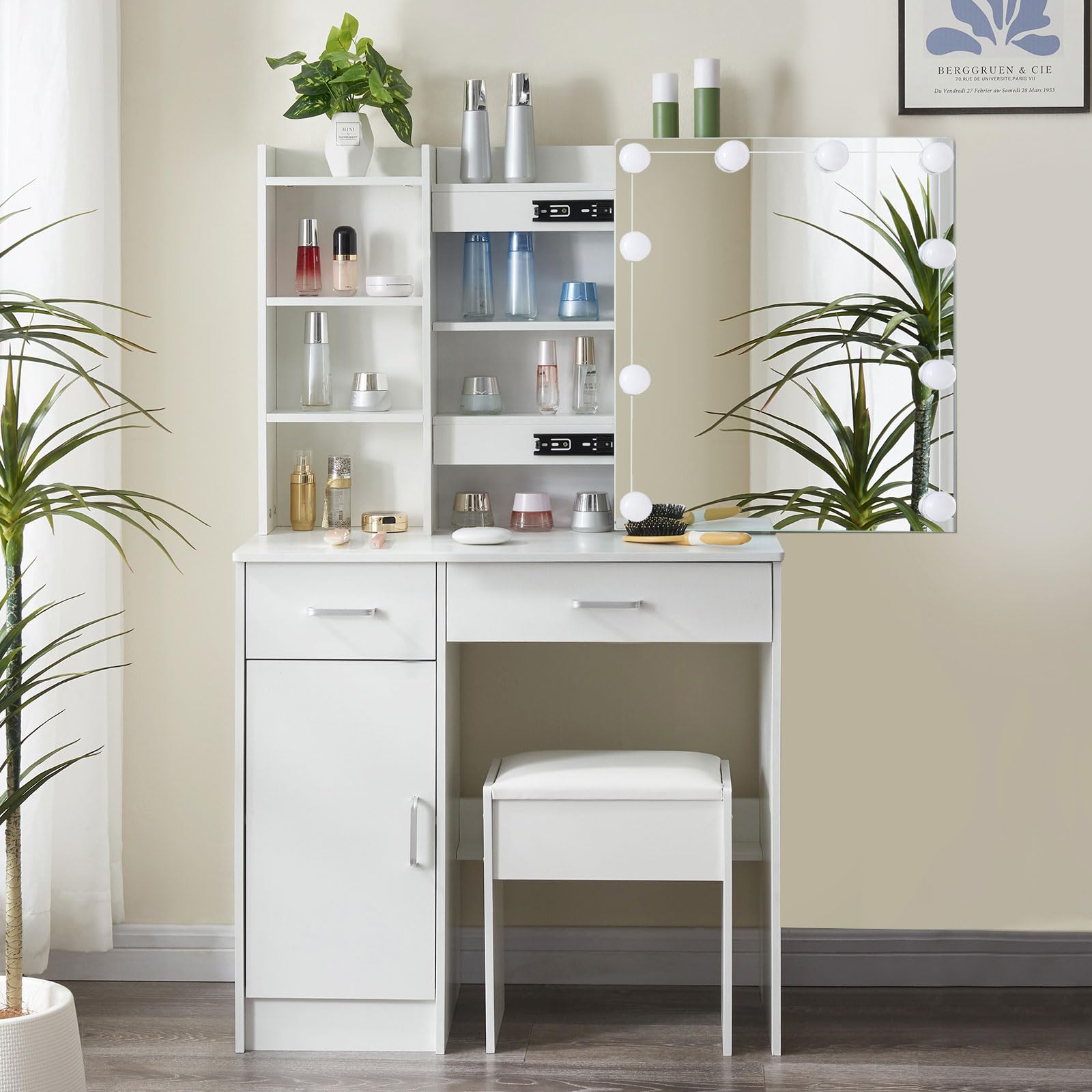 Lucaseone White Vanity Desk with Mirror and Lights,Makeup Vanity with Drawers and Storage Shelf, Vanity Table 3 Lighting Modes Brightness Adjustable for Bedroom (Modern 3071)