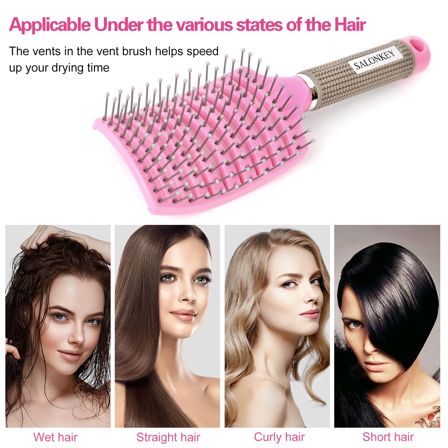 Professional Curved Vented Styling Hair Brush Barber Hairdressing Styling Tools Fast Drying Hair Detangling Massage Brushes (Pink)