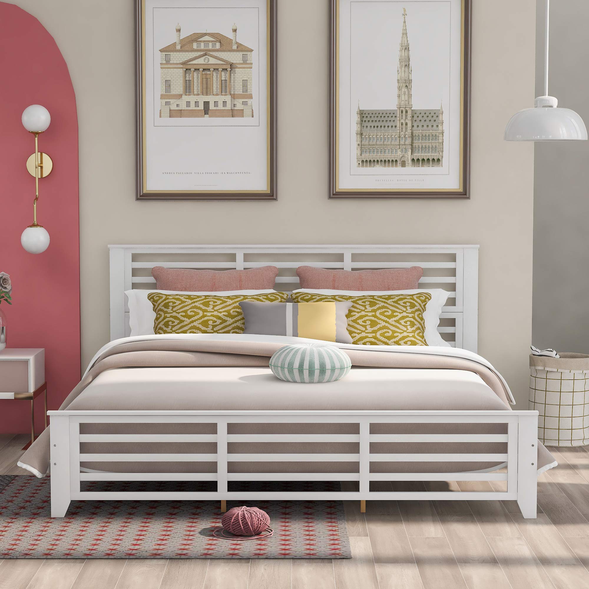 LostCat King Size Platform Bed Frame with Headboard and Footboard,Modern Solid Wood Bed with Horizontal Strip Hollow Shape for Adults,Teens,Wood Slat Support,No Box Spring Needed,White