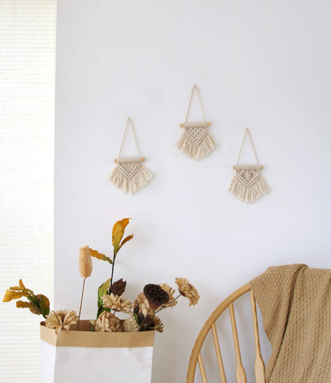 Mkono Mini Macrame Wall Hanging Set of 3 Cute Boho Christmas Tree Decoration Car Ornaments Woven Art Decor for Nursery Bathroom Bedroom Living Room Dorm Home Idea, 3.5''W x 4''H, X-Small