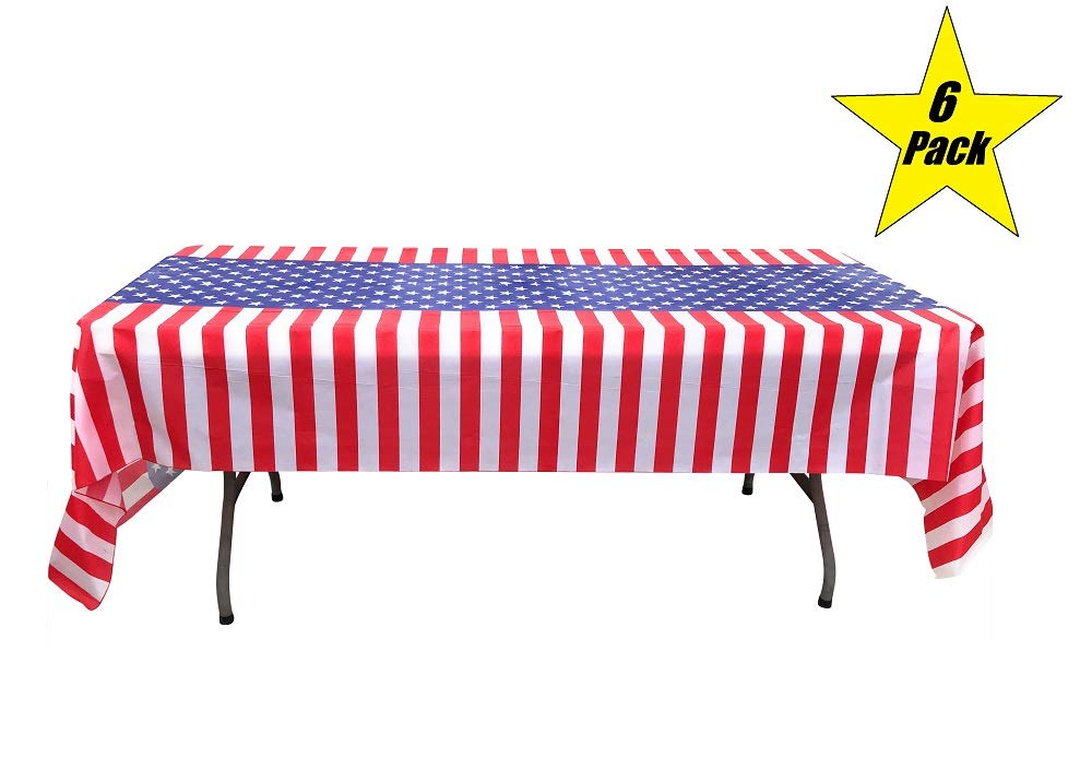 Oojami Pack of 6 American Themed Plastic Tablecloths | Red, White, Blue Striped | Disposable Rectangular Cover (54"x108") | Perfect for 4th of July Parties & Picnics