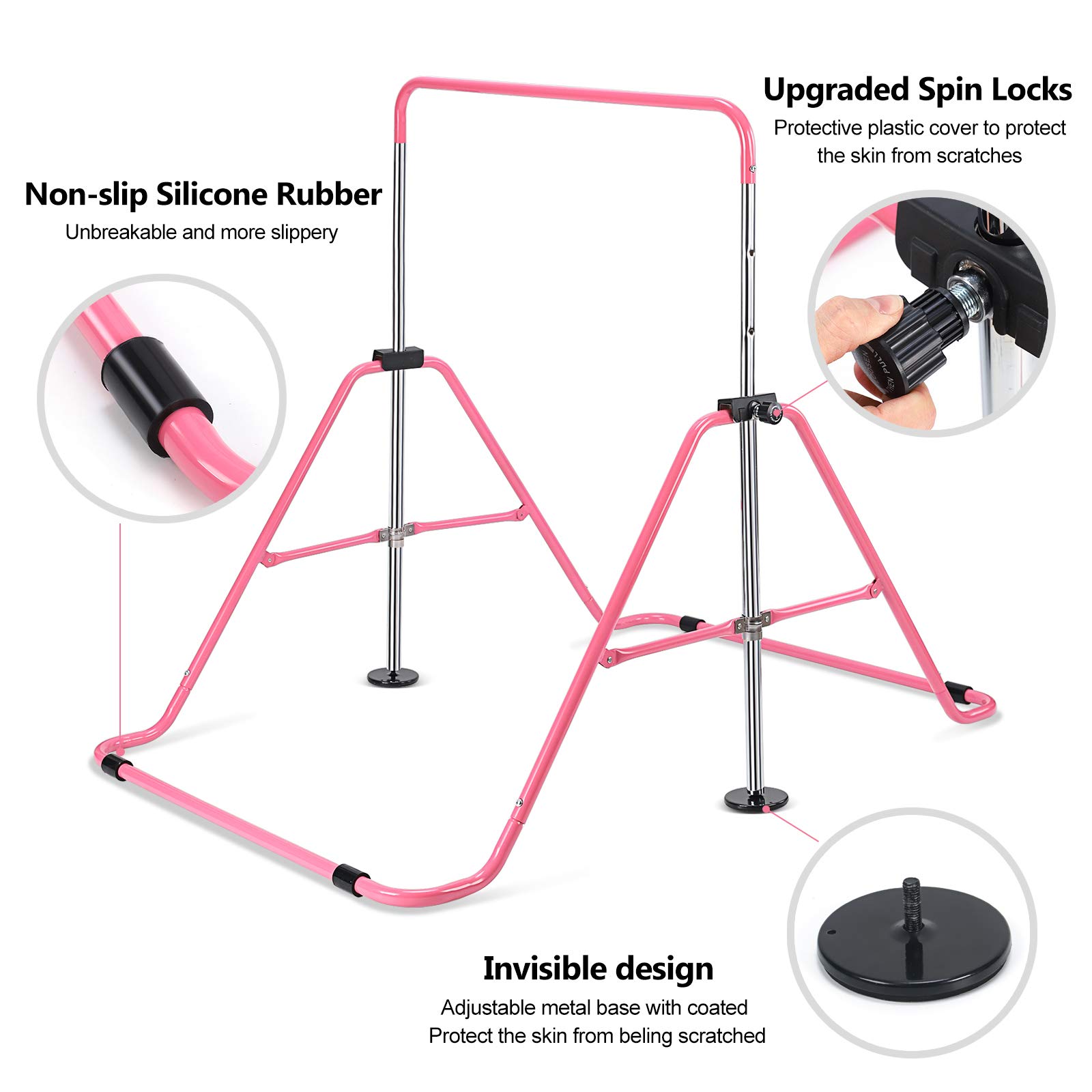 NW Heng&En Expandable Gymnastics bar for Home, Height Adjustable Folding Improved Stronger Gymnastic bar,pink,Height: 35’’ - 51’’ Dimension: 42.5’’-58.5’’