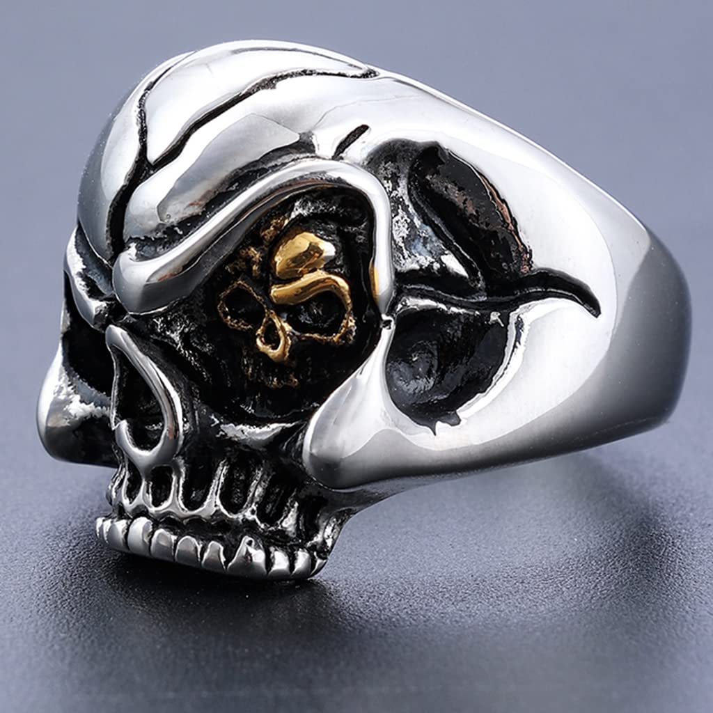 Stainless Steel Retro Vintage Skull Gothic Skeleton Biker Halloween Cocktail Party Ring (Silver Gold, 10)
