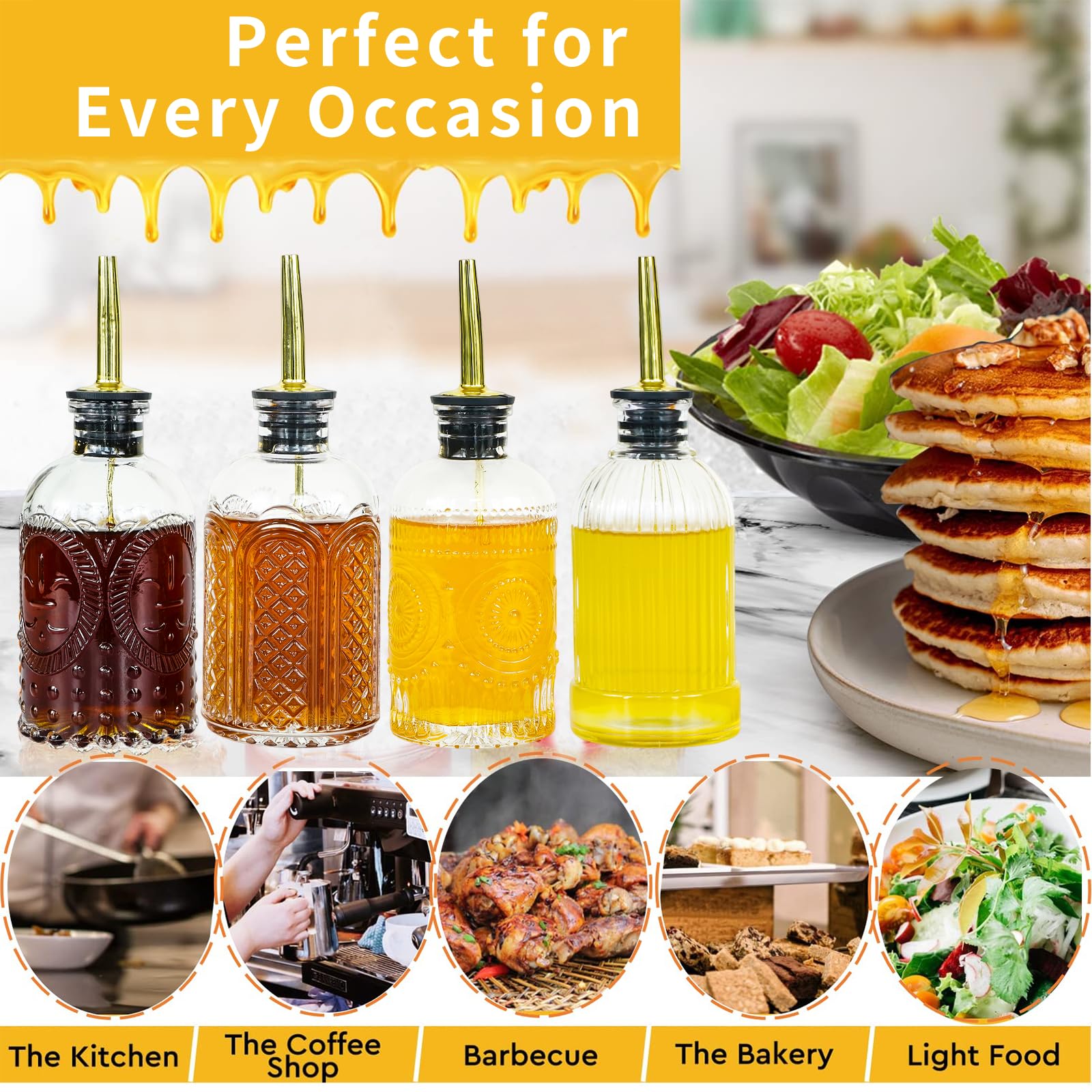 Oudizz 4pcs Syrup Dispenser Bottles for Coffee Bar, 7oz Simple Glass Syrup Bottle Set with Metal Pour Spout Ideal and labels for Syrups