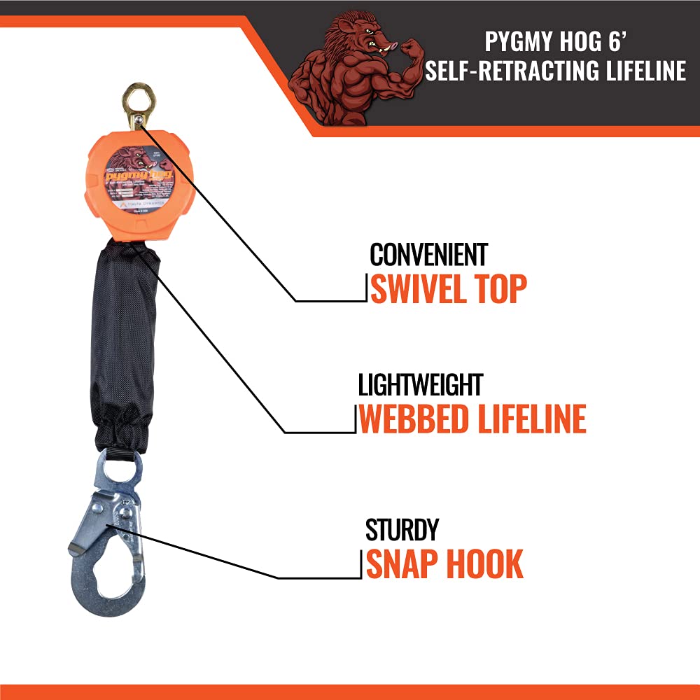 Malta Dynamics Pygmy Hog 6-Foot Web Self-Retracting Lifeline with Steel Snap Hook, OSHA/ANSI Compliant