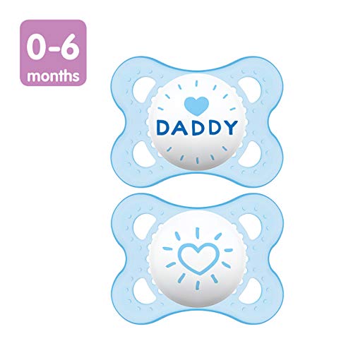 MAM I Love Daddy Collection Pacifiers (2 Pack, 1 Sterilizing Pacifier Case), MAM Pacifier 0-6 Months, Baby Pacifiers, Baby Boy, Best Pacifier for Breastfed Babies, Designs May Vary