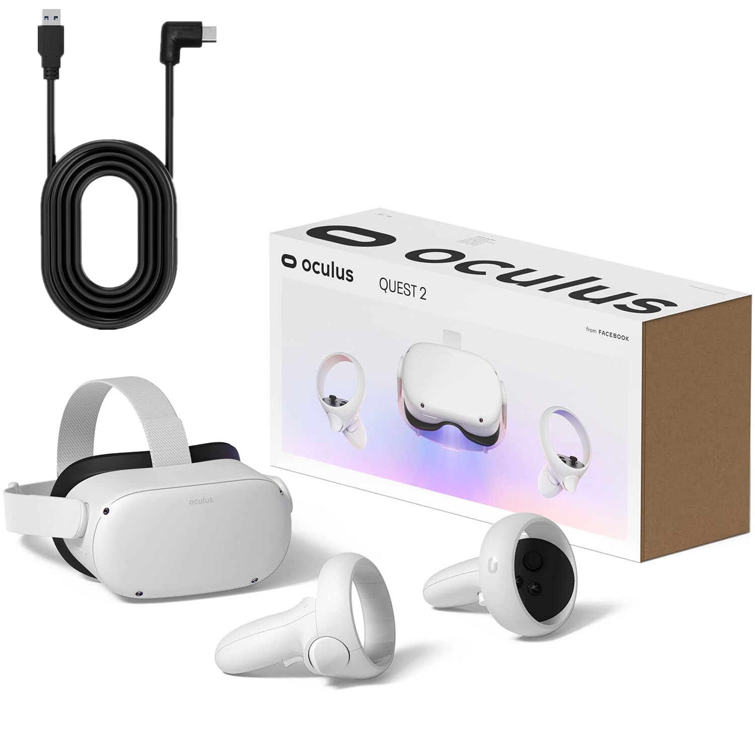 Oculus Newest Quest 2 VR 128GB Bundle for Family Christmas Holiday Entertainments, Advanced All-in-One Virtual Reality Gaming Headset — 16ft USB Type-C Link Cable