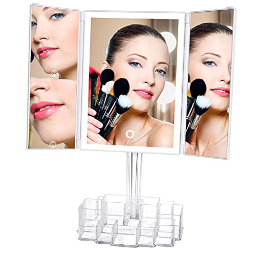 ProYankiot Makeup Mirror Vanity Mirror with Lights,Trifold Lighted Vanity Mirror with 38 LED Lights and Storage 3X/2X/1X Magnification, Touch Screen Switch, 90 Degree Rotation,White