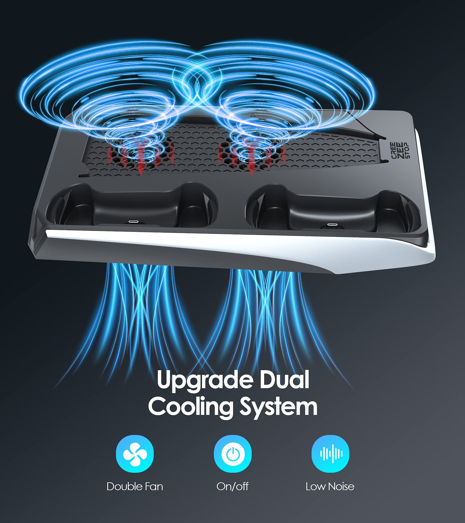 PS5 Stand, CreeZeeStop Vertical Stand with Cooler Fans for PS5 Disc & Digital Editions, with Dual Controller Charger and 12 Games Slots, USB C and 2 USB Ports (USB C Cable Included)