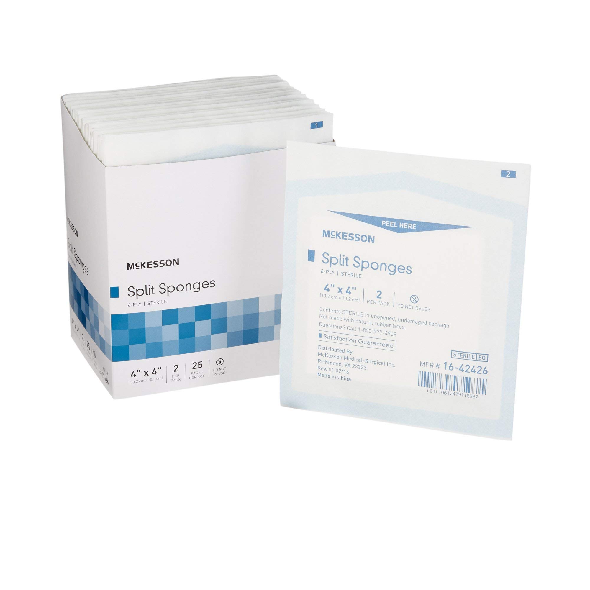 McKesson Split Sponges, 6-Ply Sterile, I.V. and Tracheostomy Dressings, Polyester / Rayon Blend, 4 in x 4 in, 2 per Pack, 300 Packs, 600 Total