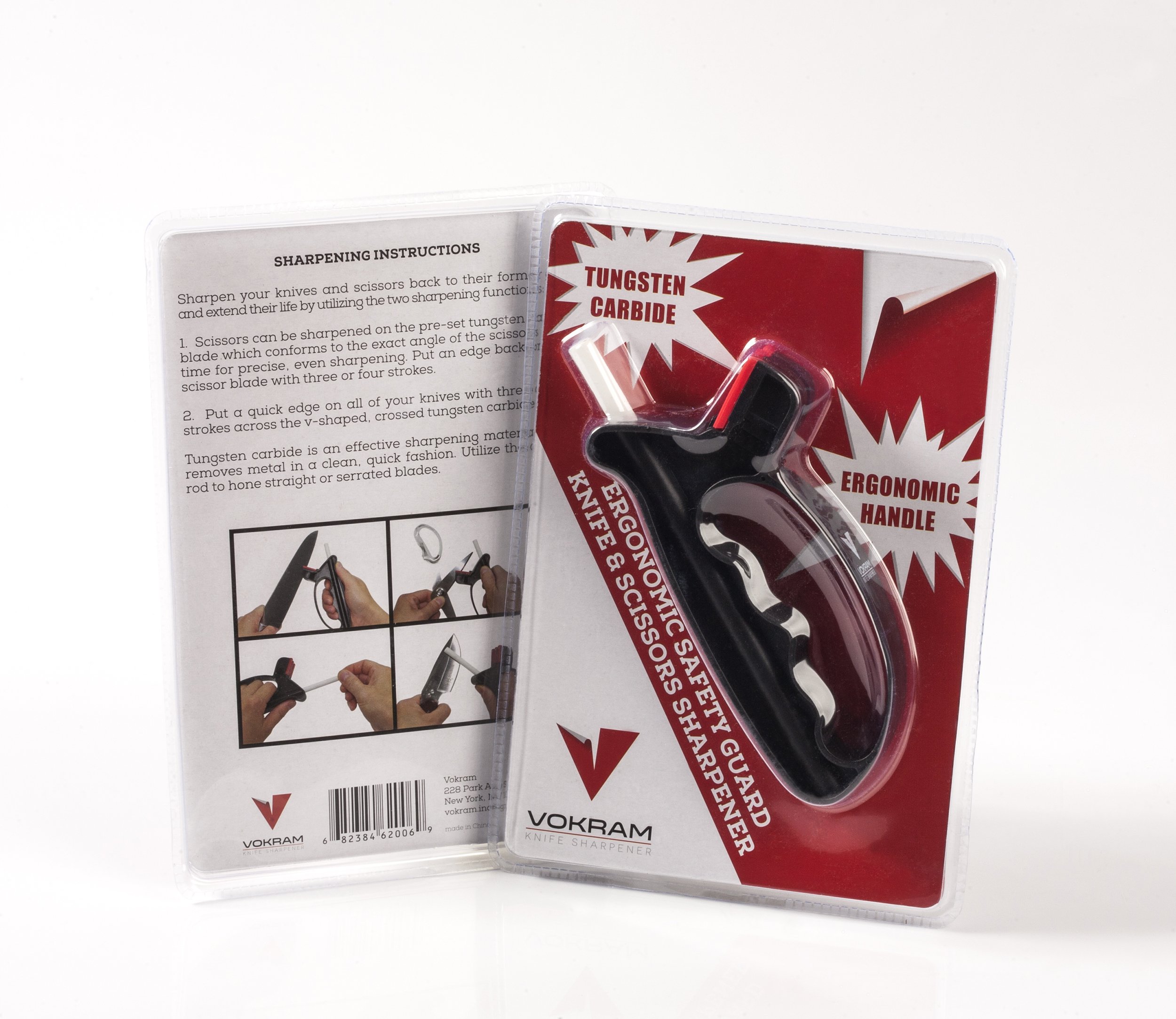 Manual Knife Sharpener with Comfortable Ergonomic Handle, Has Separate Tungsten Carbide Blades for Knives & Scissors & Extendable Ceramic Rod for Serrated & Specialty Knives, Black & Red by Vokram
