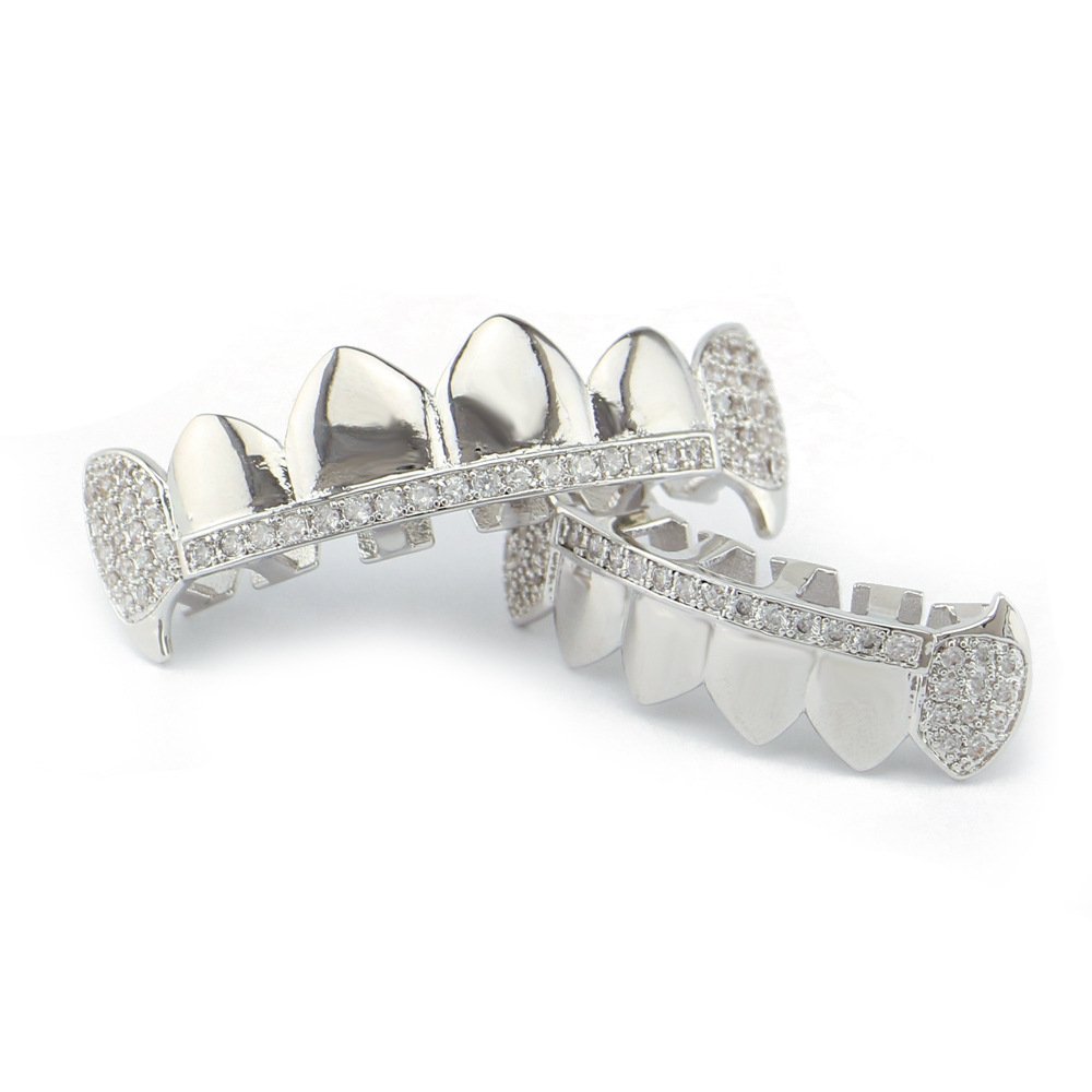 Psivika Gold Plated Shiny Hip Hop Teeth Grillz Caps Iced Out CZ Top and Bottom Vampire Fangs Grillz with Diamonds for Your Teeth for Men and Women (Silver)