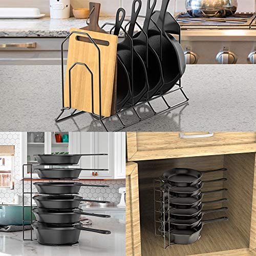 MUDEELA 6 Tier Heavy Duty Pan Organizer, Pan Rack Holds Cast Iron Skillets, Griddles and Shallow Pots, Pan Organizer Rack for Cabinet Kitchen, Durable Steel Construction, No Assembly Required