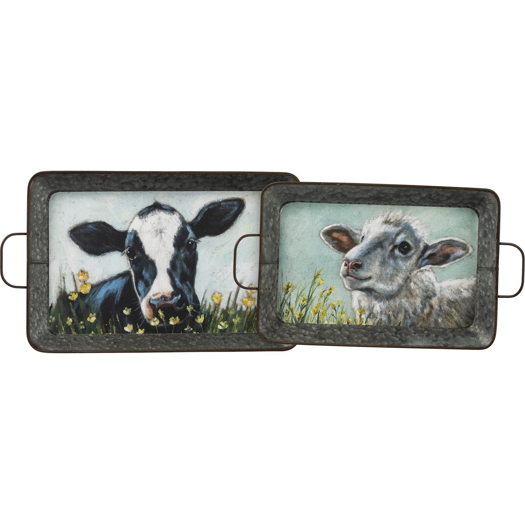 Primitives by Kathy, 105443, Sheep And Cow Print Tray with Handles, Set of 2, Small and Large