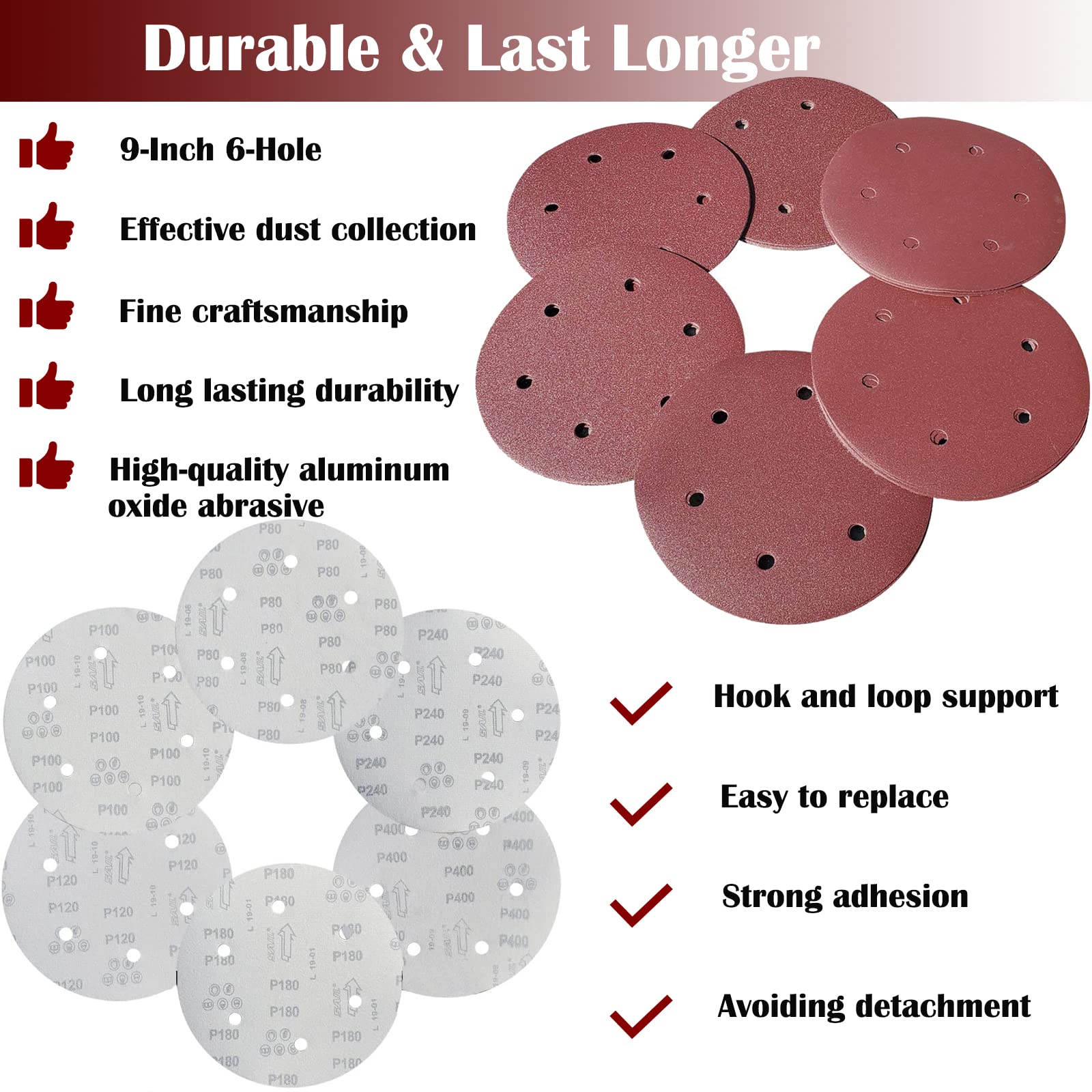 Tonmp 50 PCS 9 Inch 6 Hole Hook-and-Loop Sanding Discs for Drywall Sander -10 Each of 60 80 120 150 240 Grits Sander Paper