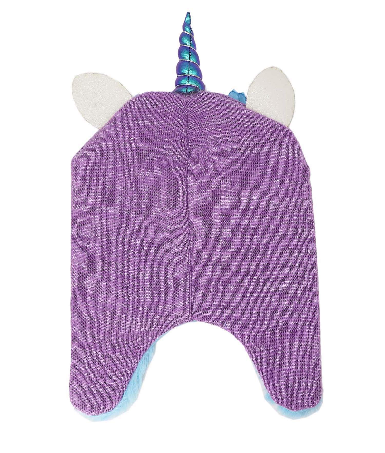 Little Girls Winter Unicorn Beanie Hat and Gloves Set Kids Knitted Earflap Cap Flip Top Mitten Set