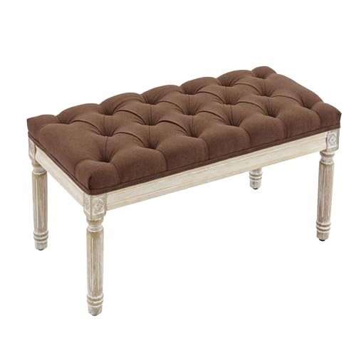 LOULENS French Vintage Bench, Linen Fabric Entryway Bench, Upholstered Tufted End of Bed Bench with Brushed Wood Legs, Dark Grey