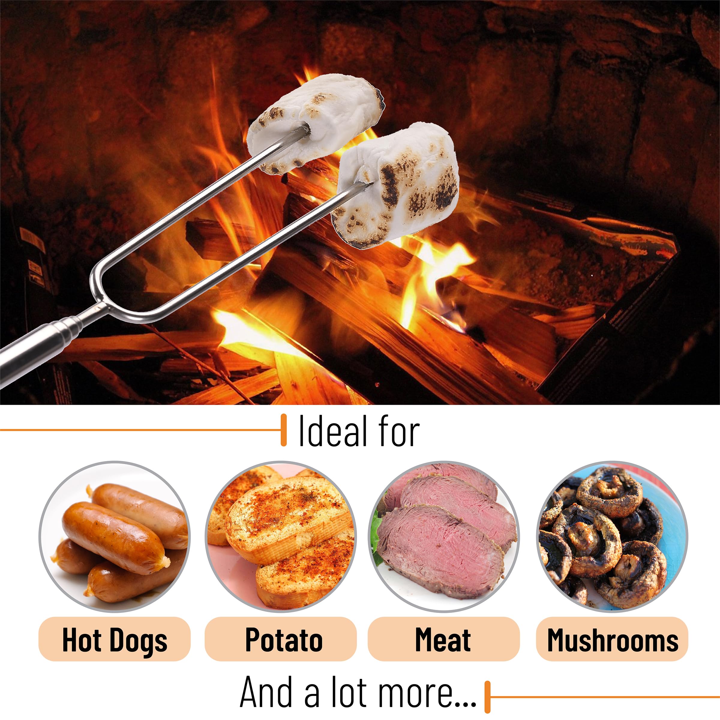 UNCO- Marshmallow Roasting Sticks, 10Pack, 45”, Extendable Stainless Steel Smores Sticks, Campfire Sticks, Marshmallow Sticks, Hot Dog Sticks for Campfire, Roasting Sticks for Fire Pit, Smores Skewers