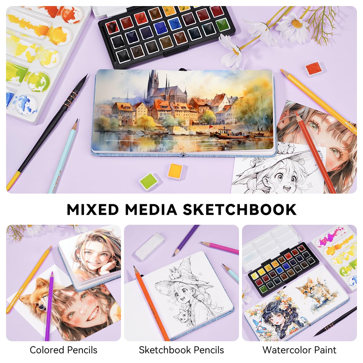 Lightwish Square Watercolor Journal,100% Cotton,300gsm/140lb,Acid-Free,24 Sheets Cold Press Watecolor Sketchbook for Artists Adults Students,4.7 * 4.7 Inches(Blue)