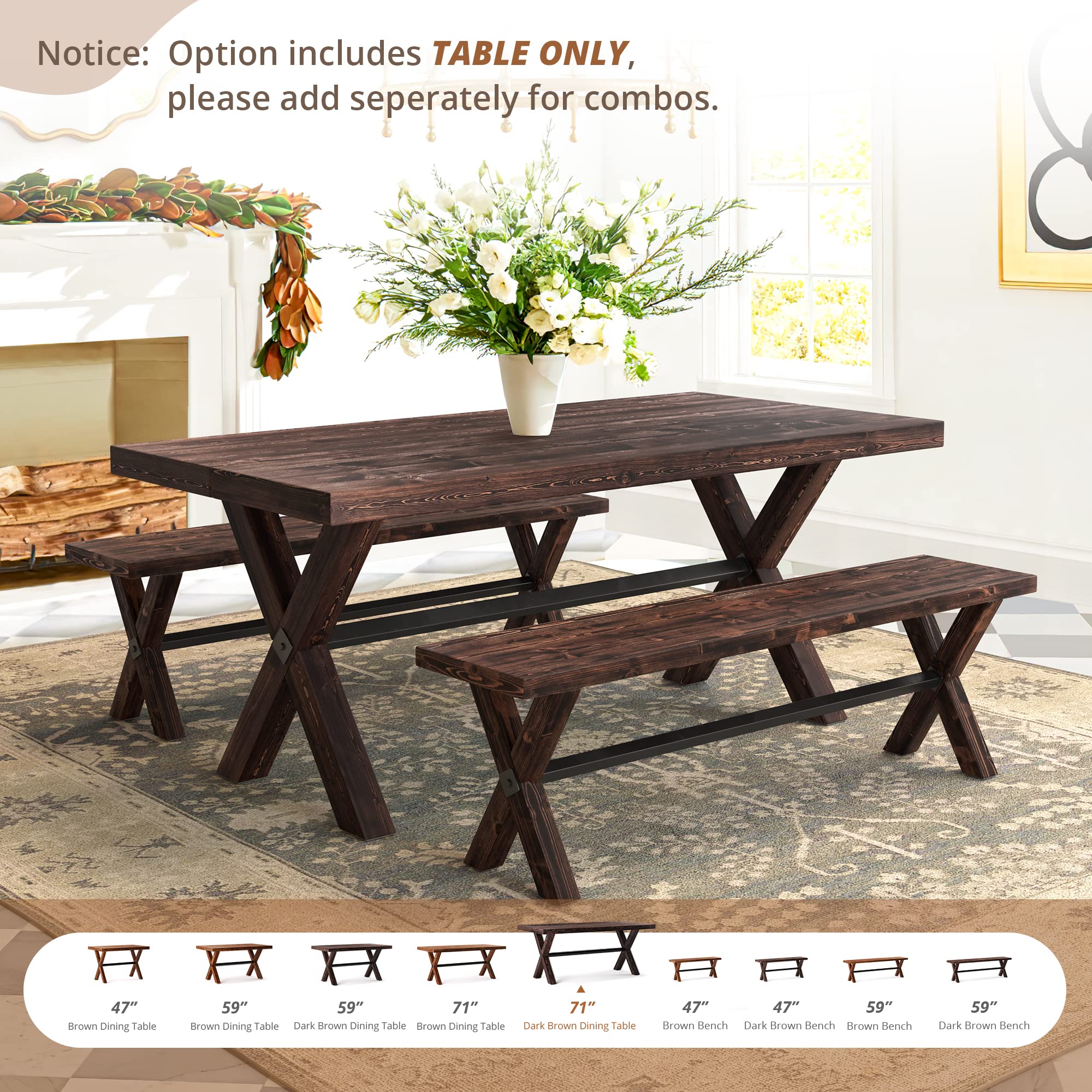 LUE BONA 71" Dining Table for 6-8 Solid Wood Farmhouse Kitchen Table with Natural Wood Grain for Home and Kitchen, Heavy Duty Rectangular Kitchen & Dining Table for Home and Dining Room Dark Brown