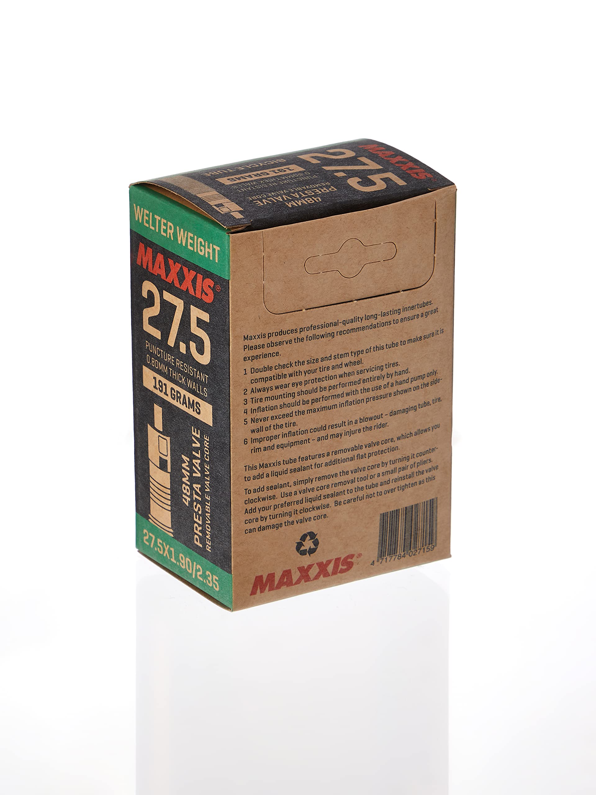 Maxxis Welterweight 48mm Presta Valve Tube, 27.5 x 1.9-2.35"