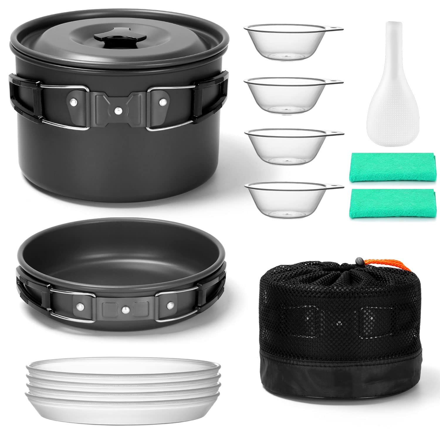 Odoland 14pcs Camping Cookware Mess Kit, Camping Cooking Set, Portable Nonstick Camp Pots and Pans Set with Plates Bowls for Outdoor Camping, Picnic, Hiking, Backpacking