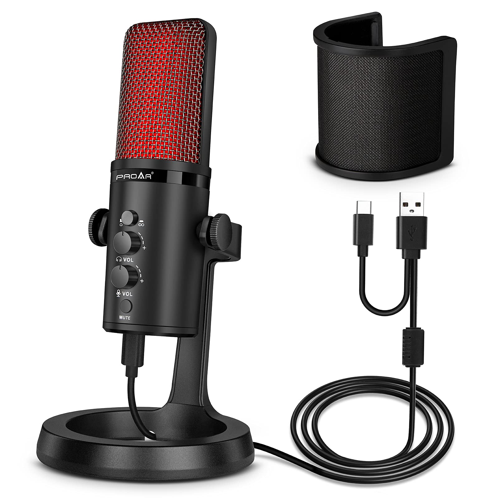 PROAR S-21U USB Condenser Microphone, Cardioid and Bidirectional Patterns, Easy to Controls, LED Indicator, Compatible with PC, PS4, Xbox, Phone, Laptop, MAC or Windows